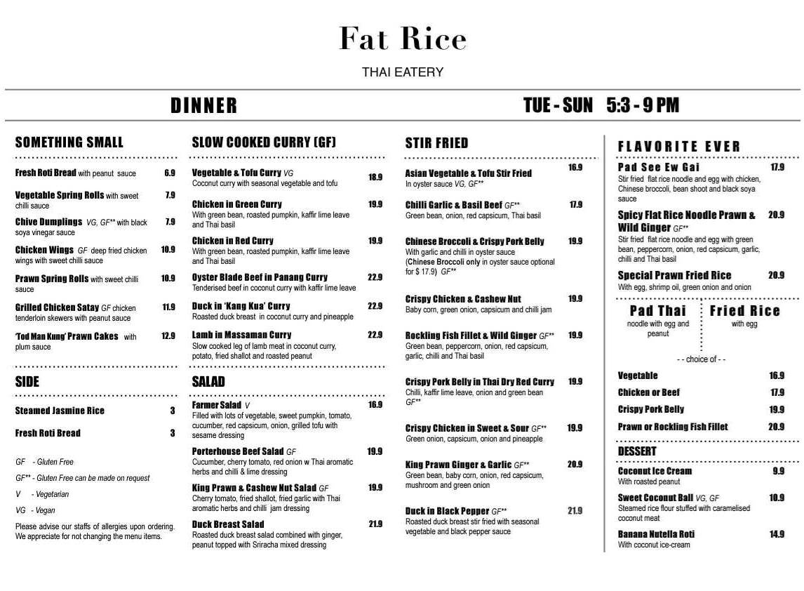 Menu at Fat Rice Thai Eatery restaurant, Mount Eliza