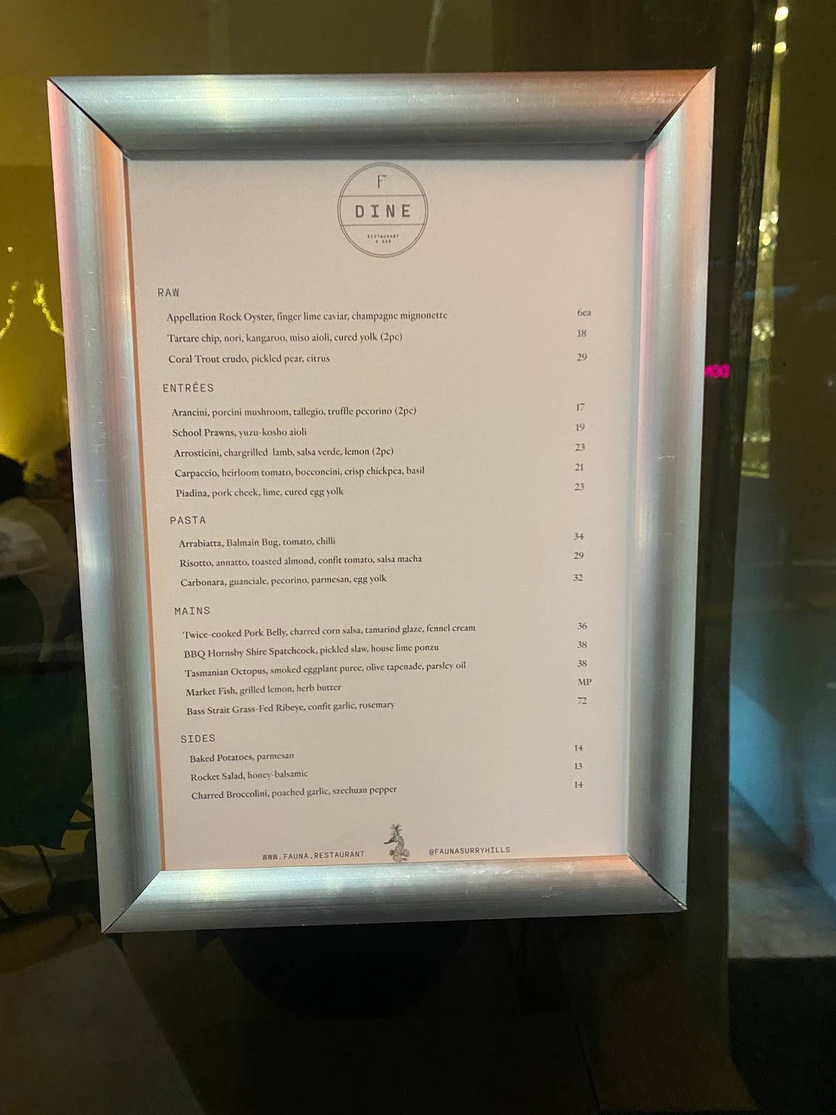 Menu at Fauna Restaurant & Bar, Surry Hills