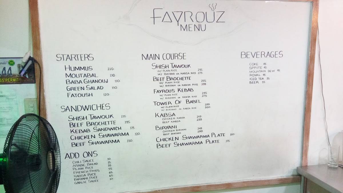 Menu at Fayrouz House of Kebab restaurant, Quezon City