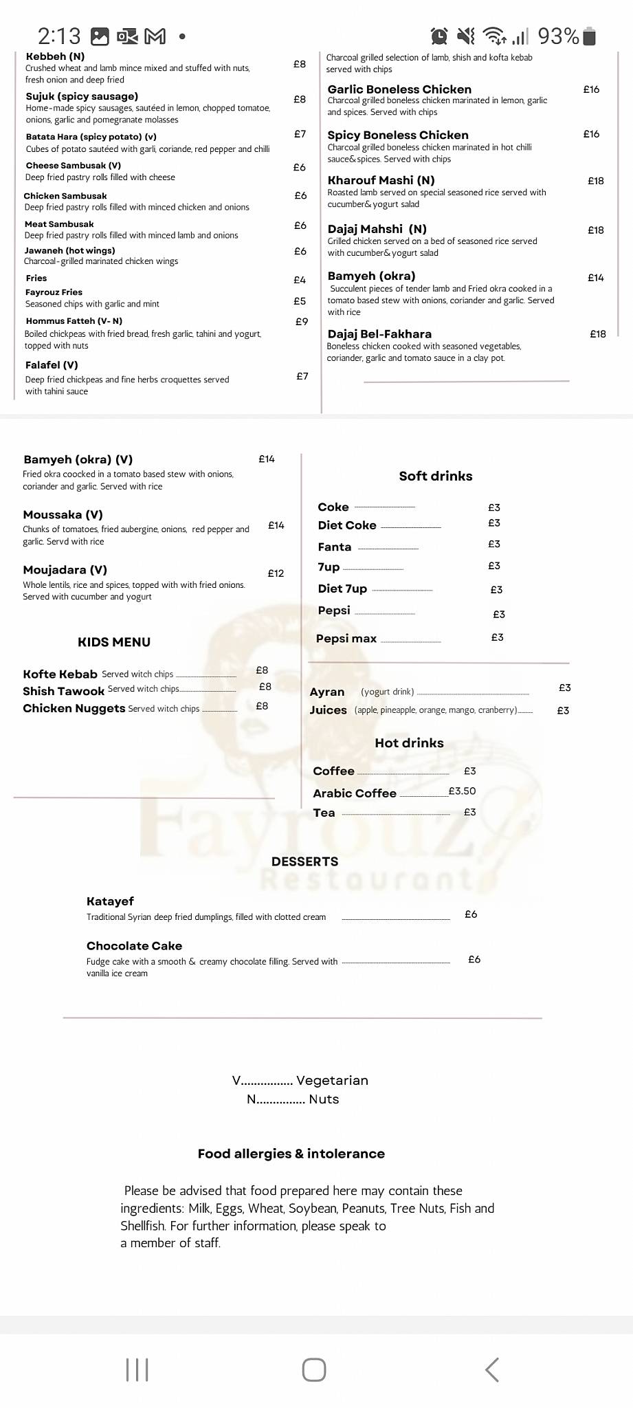 Menu at Fayrouz Restaurant, Manchester, 200 Yewtree Ln