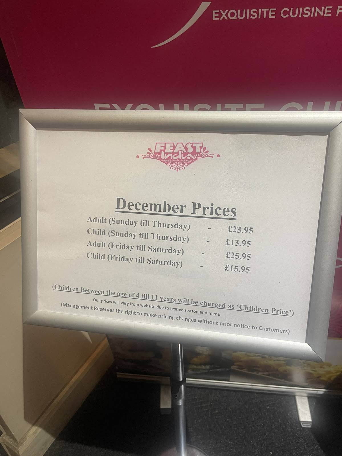 Menu at Feast India restaurant, Leicester