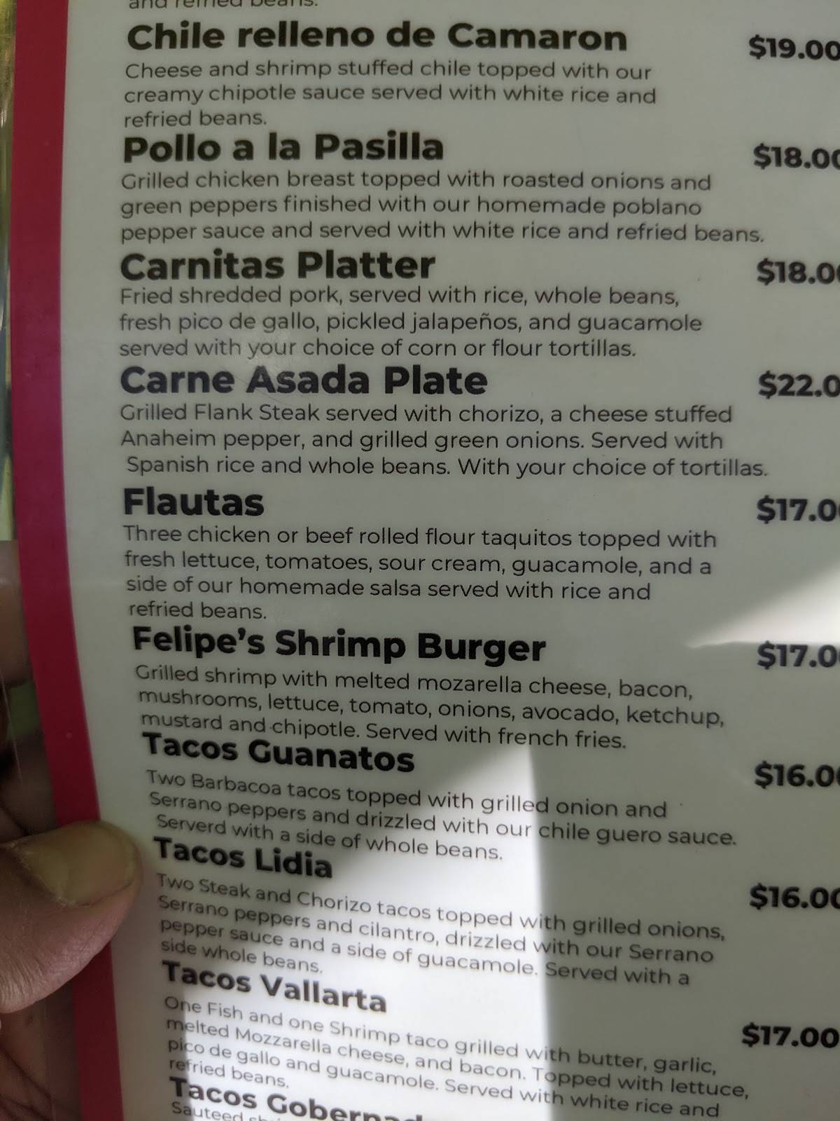 Menu at Felipe's Palm Springs restaurant, Palm Springs
