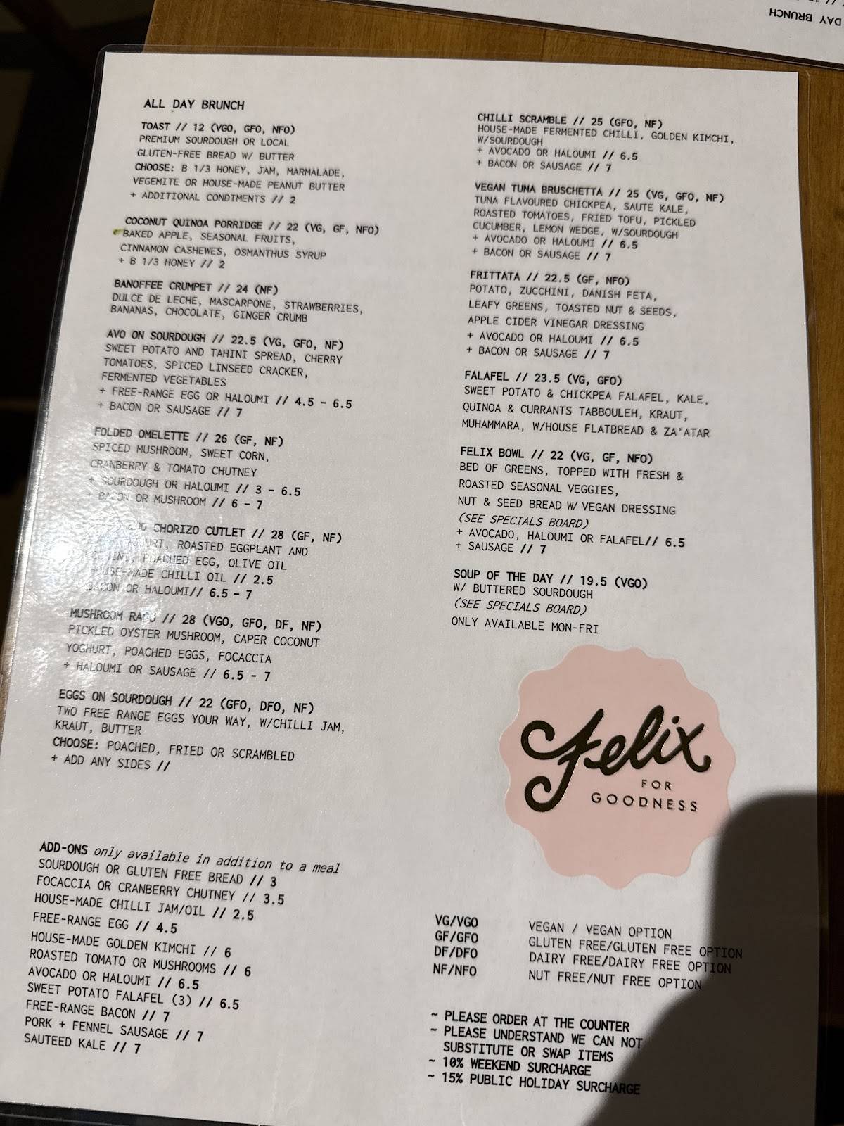 Menu at Felix For Goodness cafe, Brisbane City
