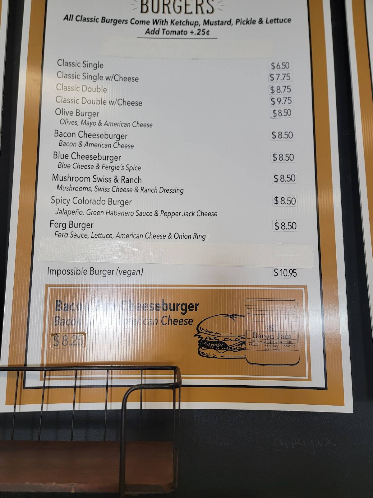 Menu at Fergie's Burgers restaurant, Findlay