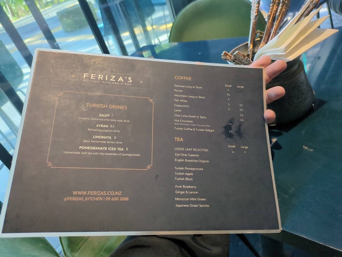 Menu at Feriza's restaurant, Auckland