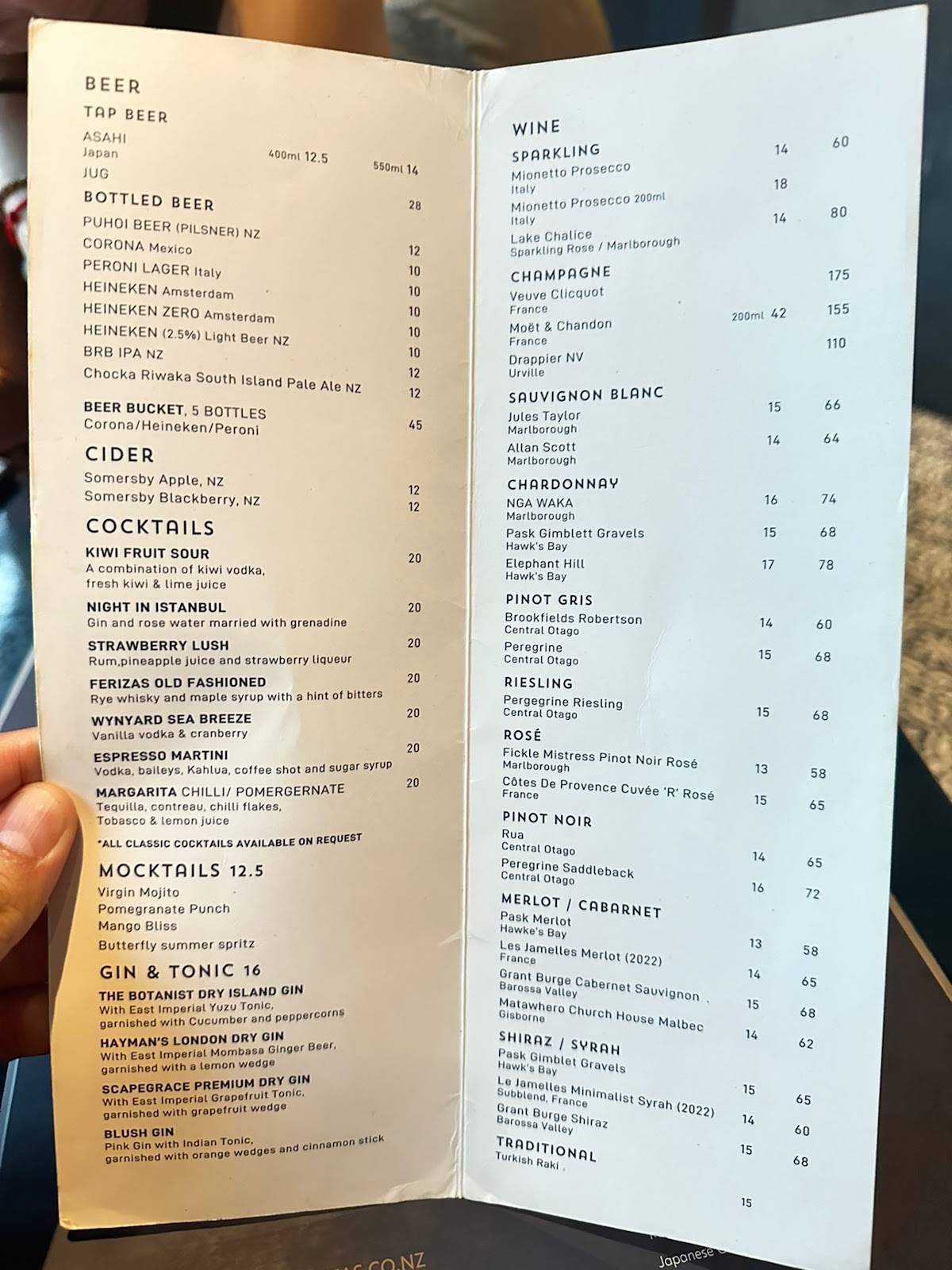 Menu at Feriza's restaurant, Auckland