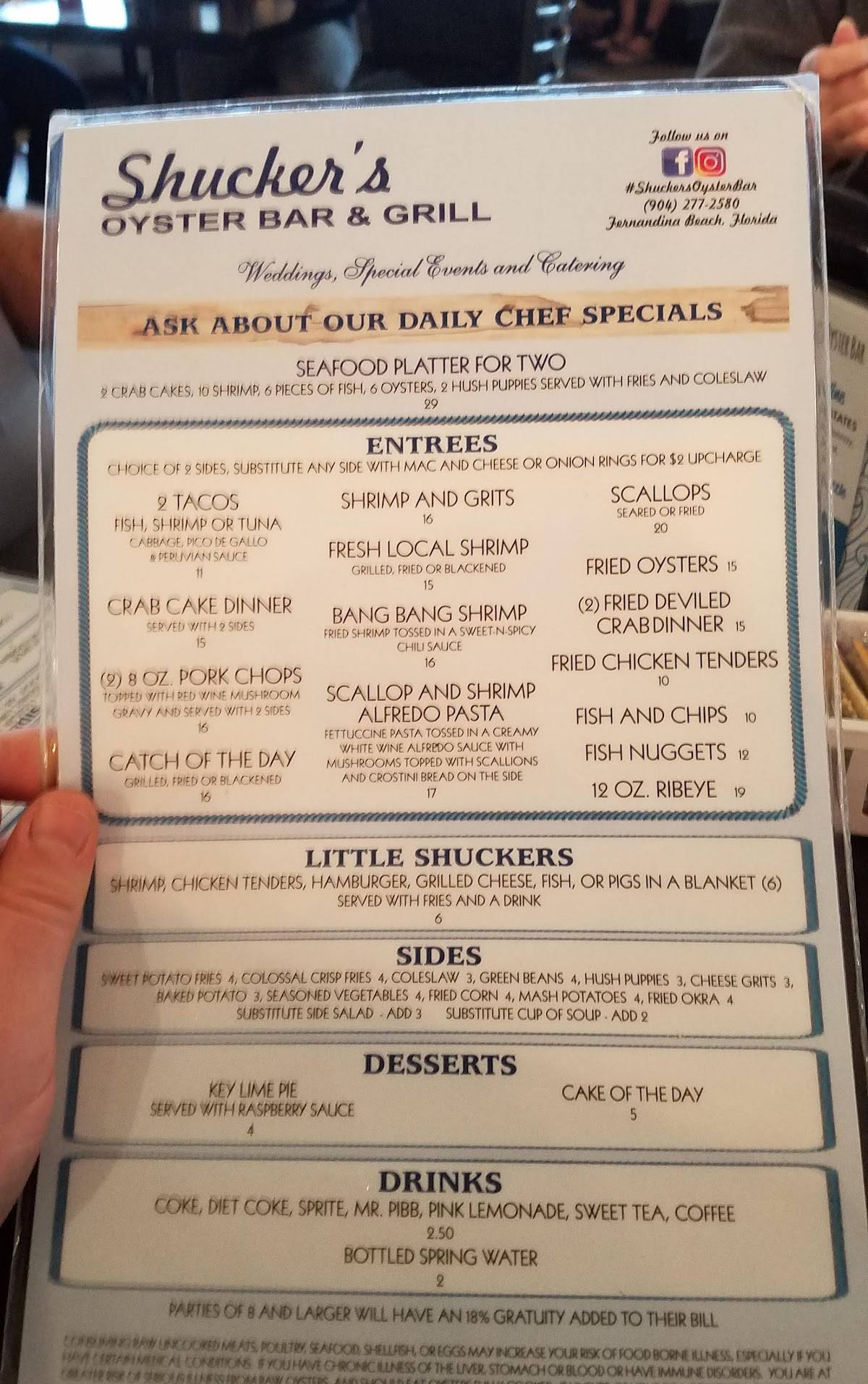 Menu at Shucker's Oyster Bar & Grill, Jacksonville, Wade's Pl