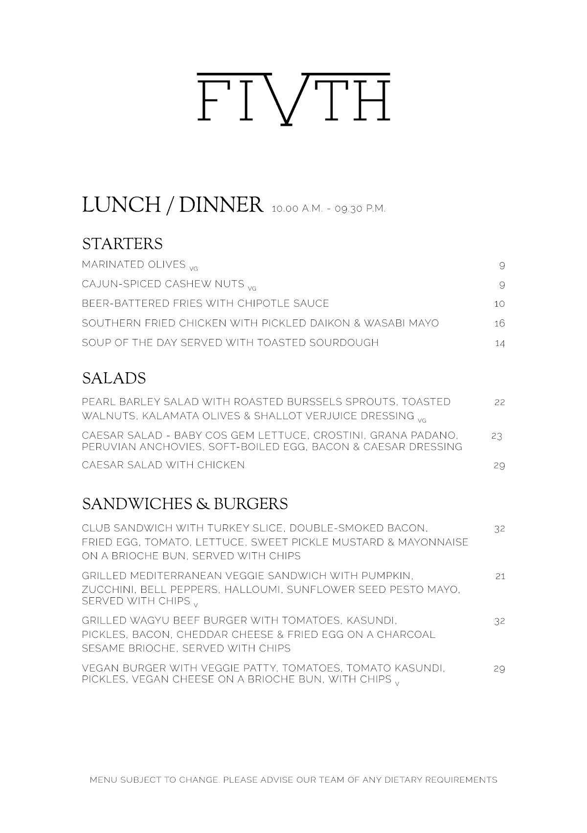 Menu at Fifth Restaurant, Southbank