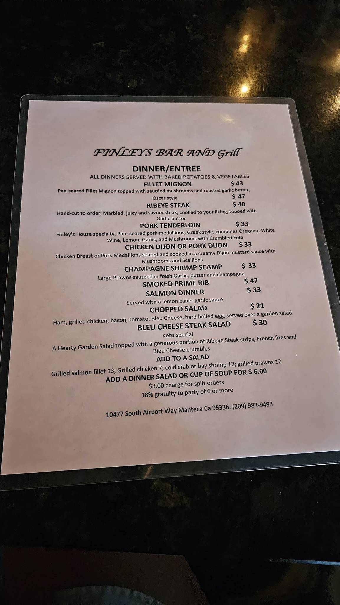 Menu at Finley's Bar & Grill, Manteca