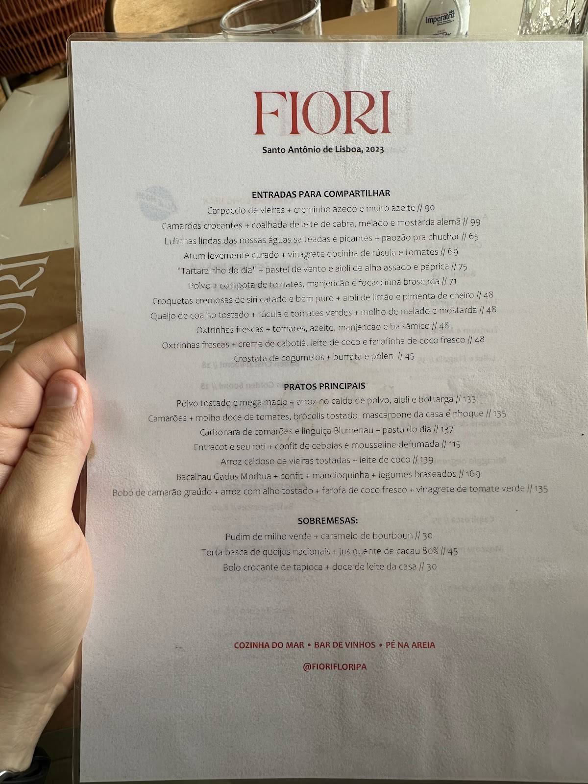 Menu em Fiori restaurante, Florianópolis