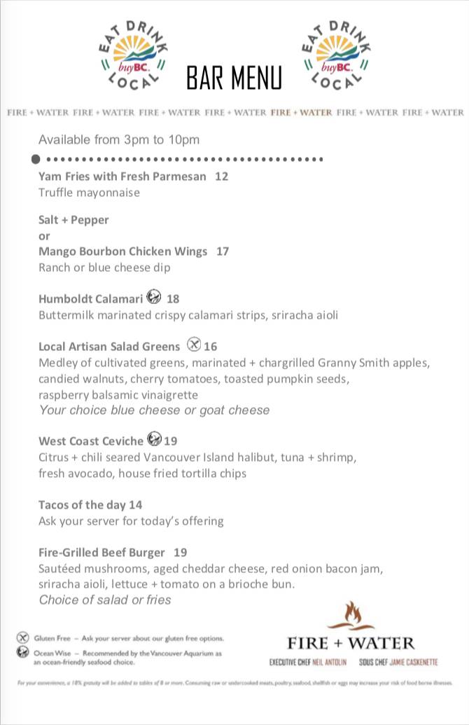 Menu at Fire + Water Restaurant, Victoria