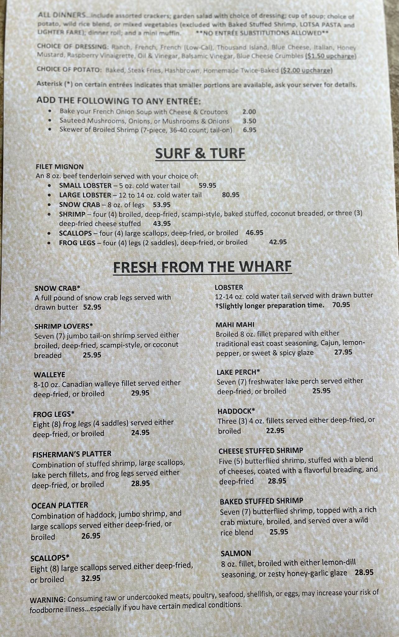 Menu at Fireside Supper Club, Rhinelander