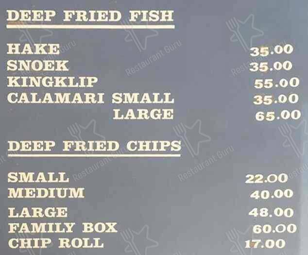 Menu at Fish O'Rama restaurant, Cape Town