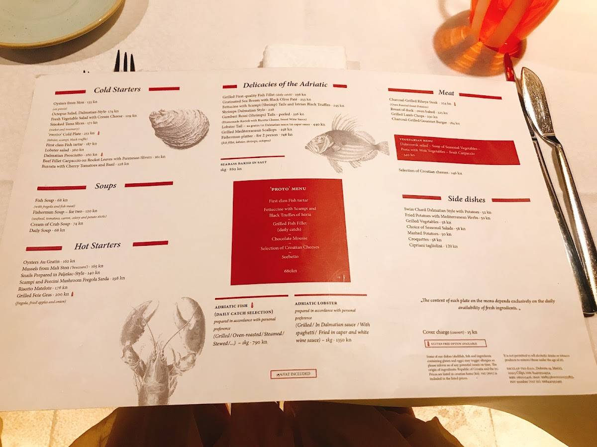 Menu at Fish Restaurant Proto, Dubrovnik