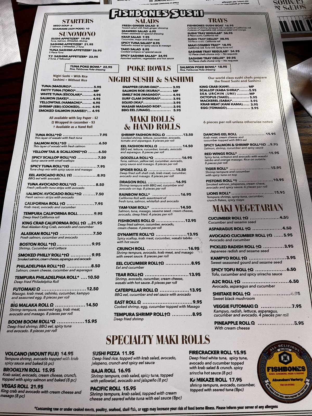 Menu at Fishbone's restaurant, Detroit, 400 Monroe St #8th