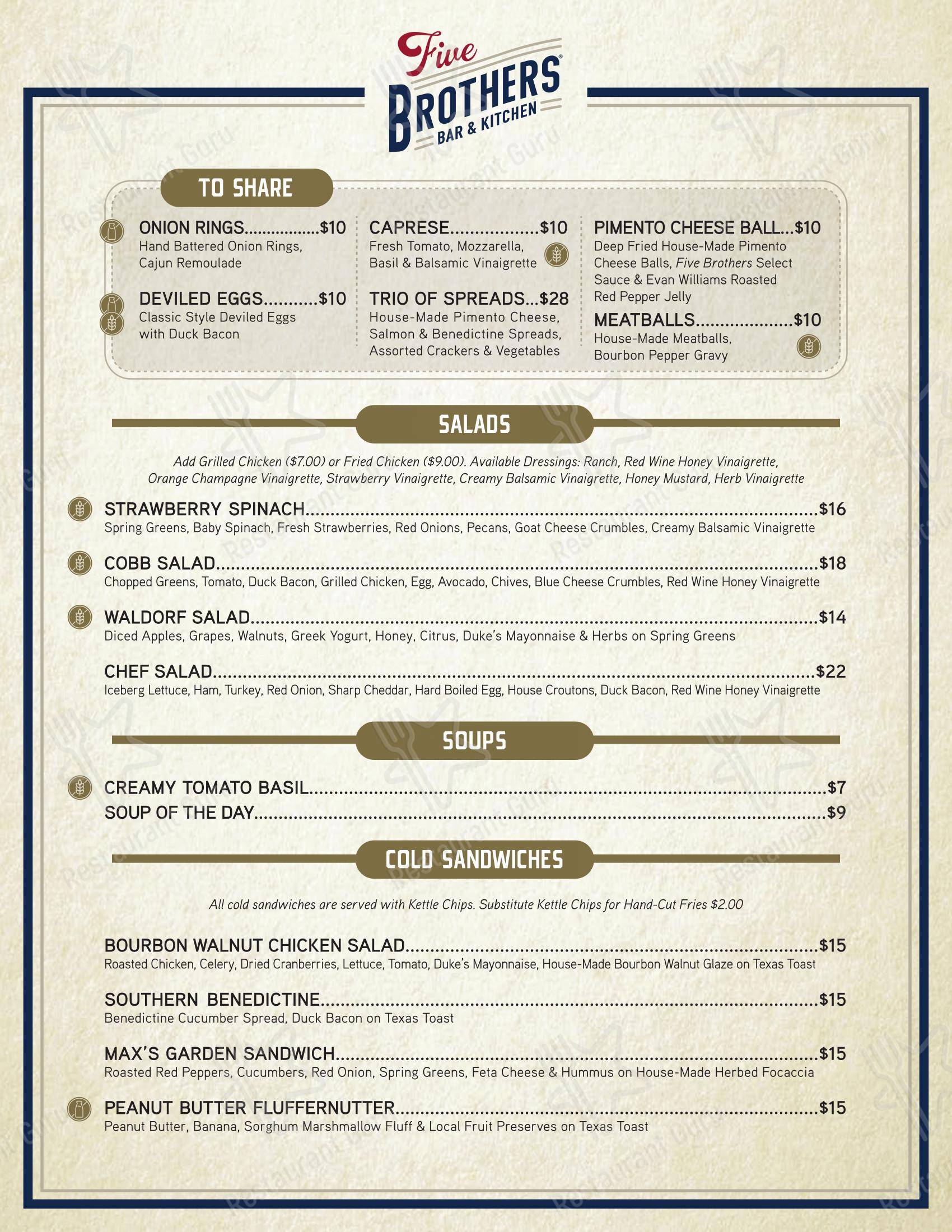 Menu at Five Brothers Bar & Kitchen, Bardstown