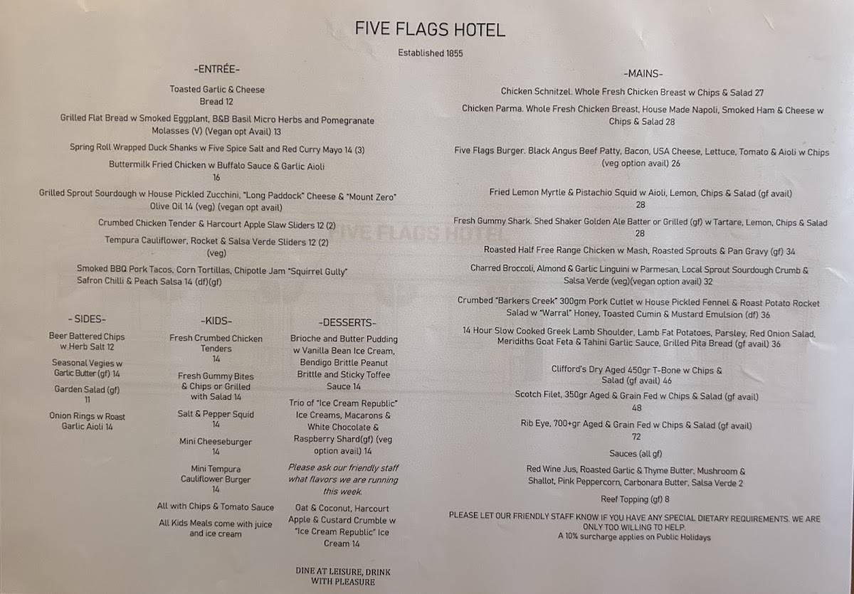 Menu at Five Flags Hotel pub & bar, Campbells Creek