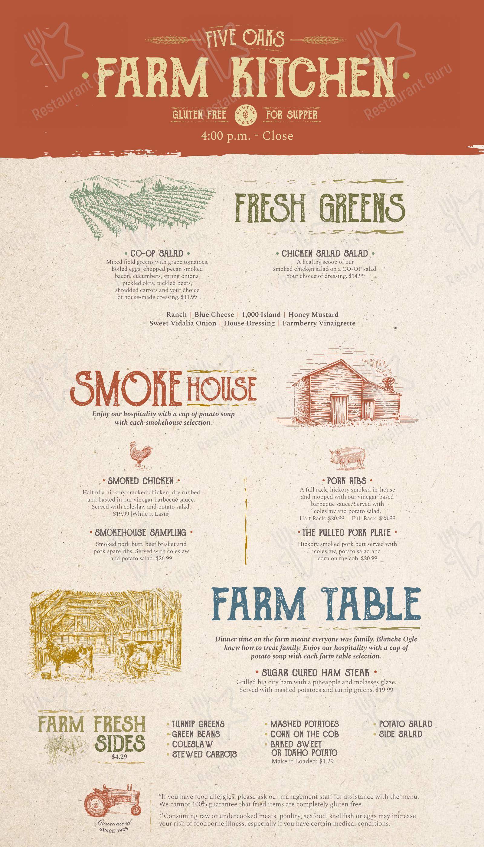 Menu at Five Oaks Farm Kitchen restaurant, Sevierville, Parkway