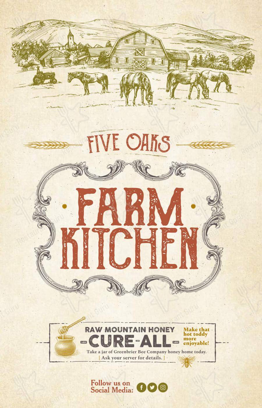 Menu at Five Oaks Farm Kitchen restaurant, Sevierville, Parkway