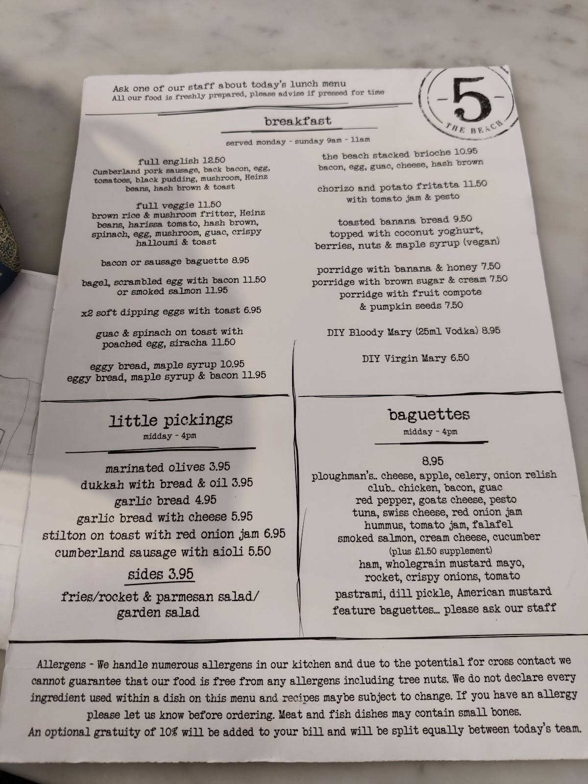 Menu at Five The Beach cafe, Clevedon