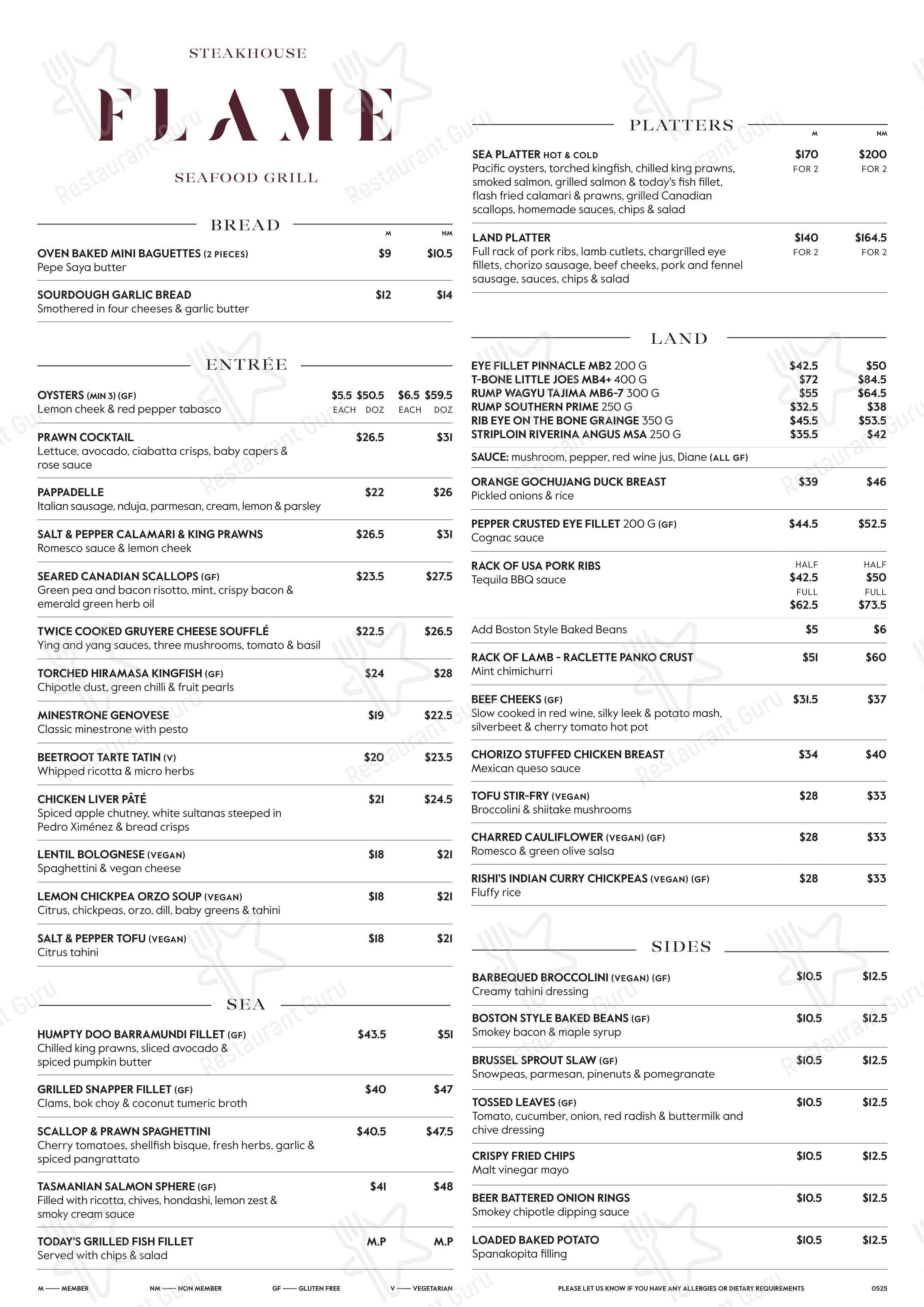 Menu at Flame restaurant, Dee Why