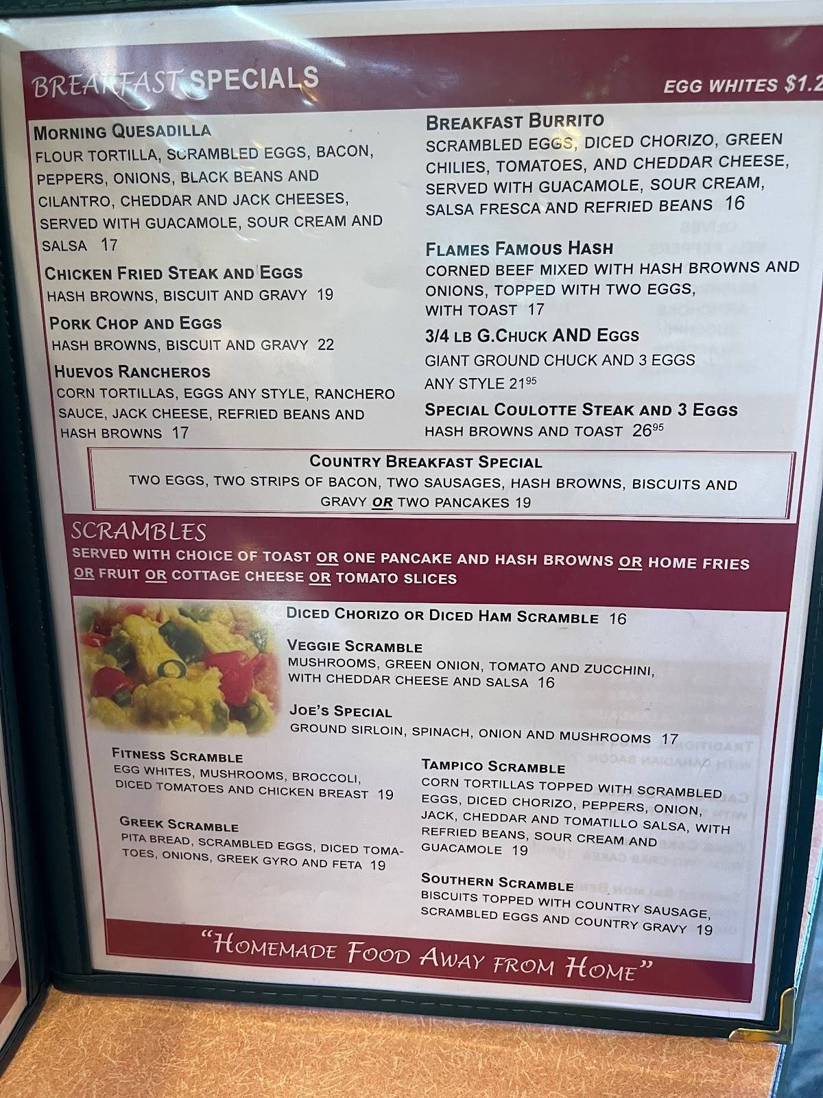 Menu at Flames Coffee Shop restaurant, San Jose, Santa Teresa Blvd