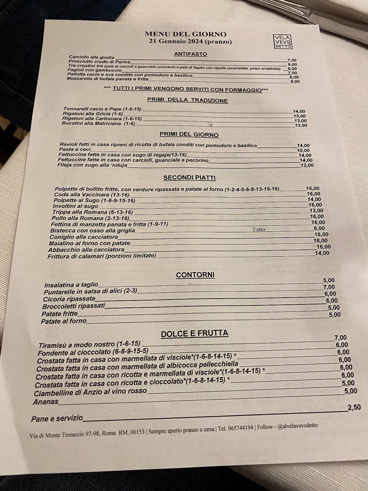 Menu at Flavio al Velavevodetto restaurant, Rome