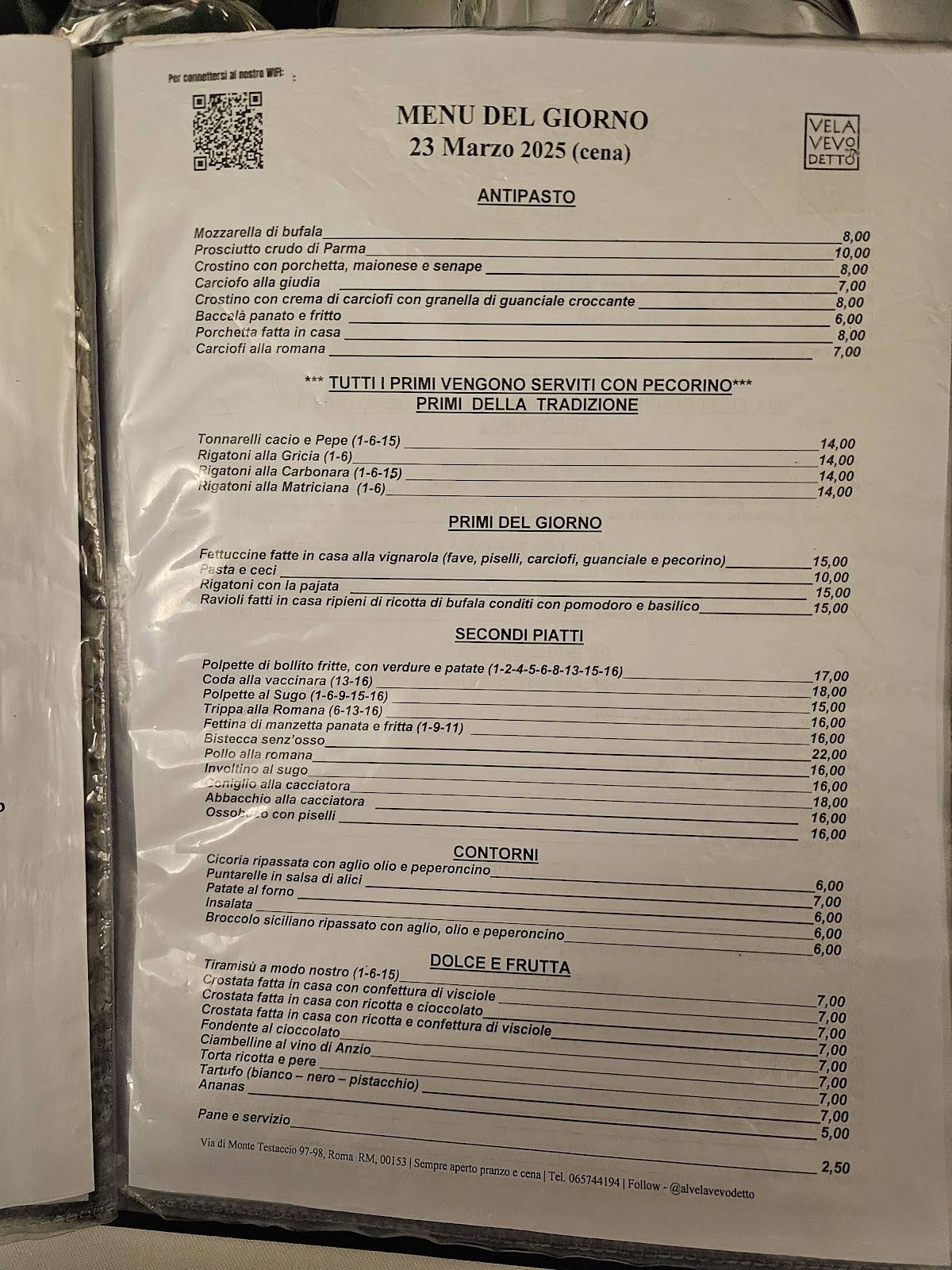 Menu at Flavio al Velavevodetto restaurant, Rome