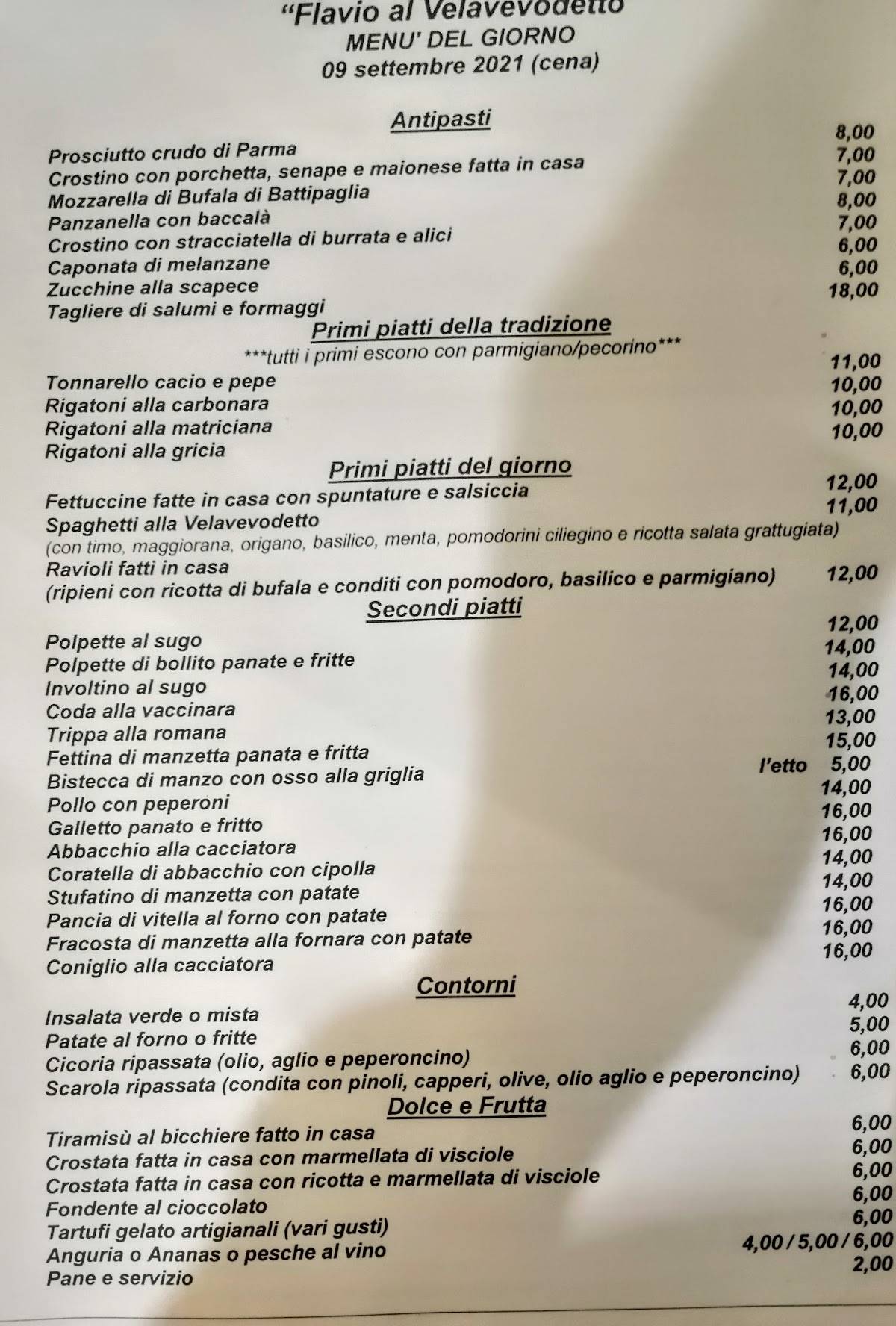 Menu at Flavio al Velavevodetto restaurant, Rome