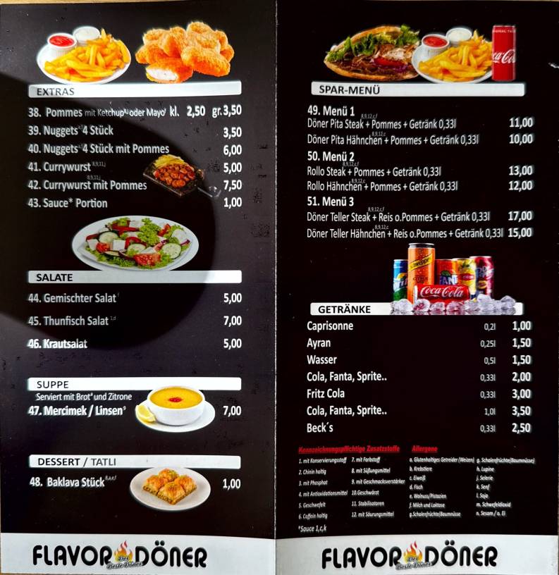 Menu at Flavor Döner restaurant, Bremen