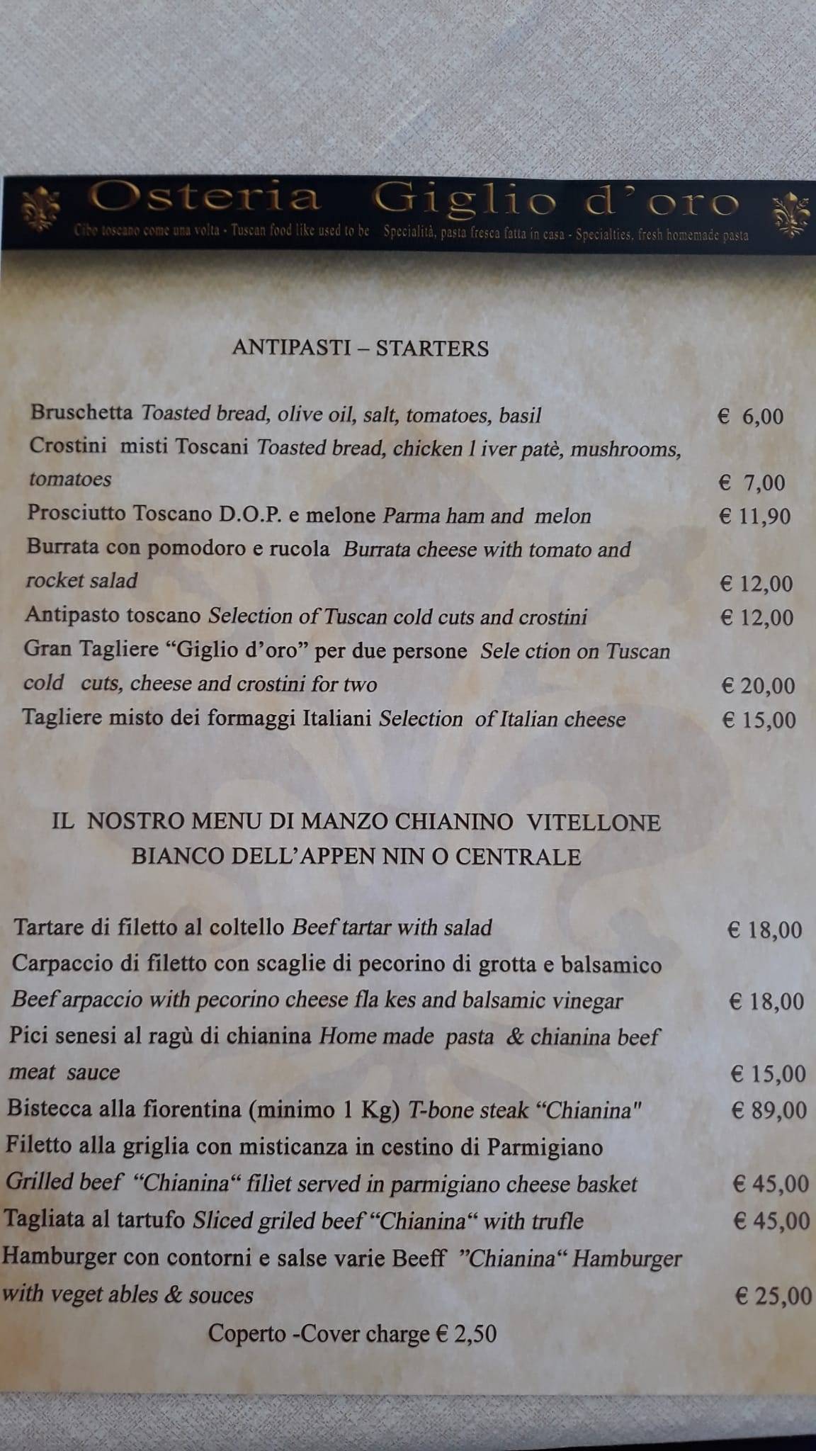 Menu at Osteria Giglio d'oro restaurant, Florence
