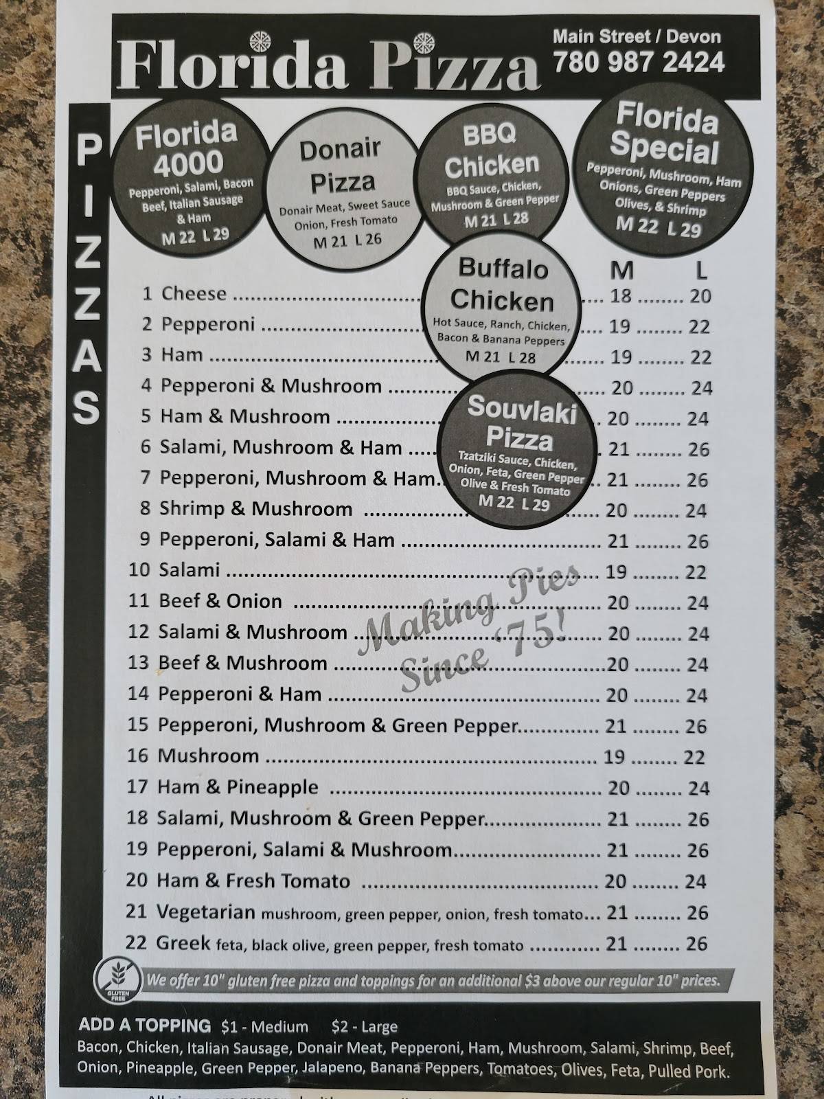 Menu at Florida Pizza pizzeria, Devon