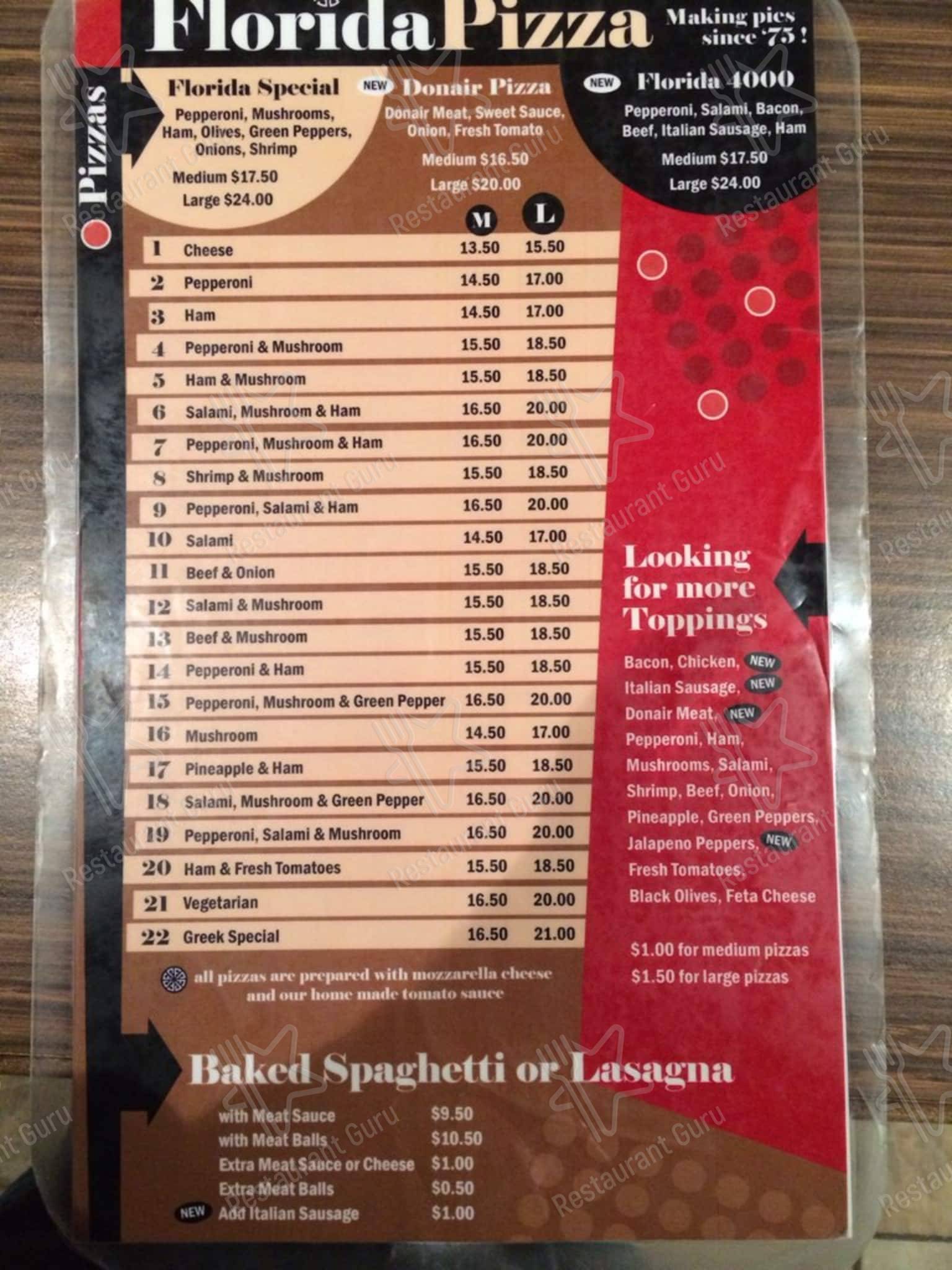 Menu at Florida Pizza pizzeria, Devon