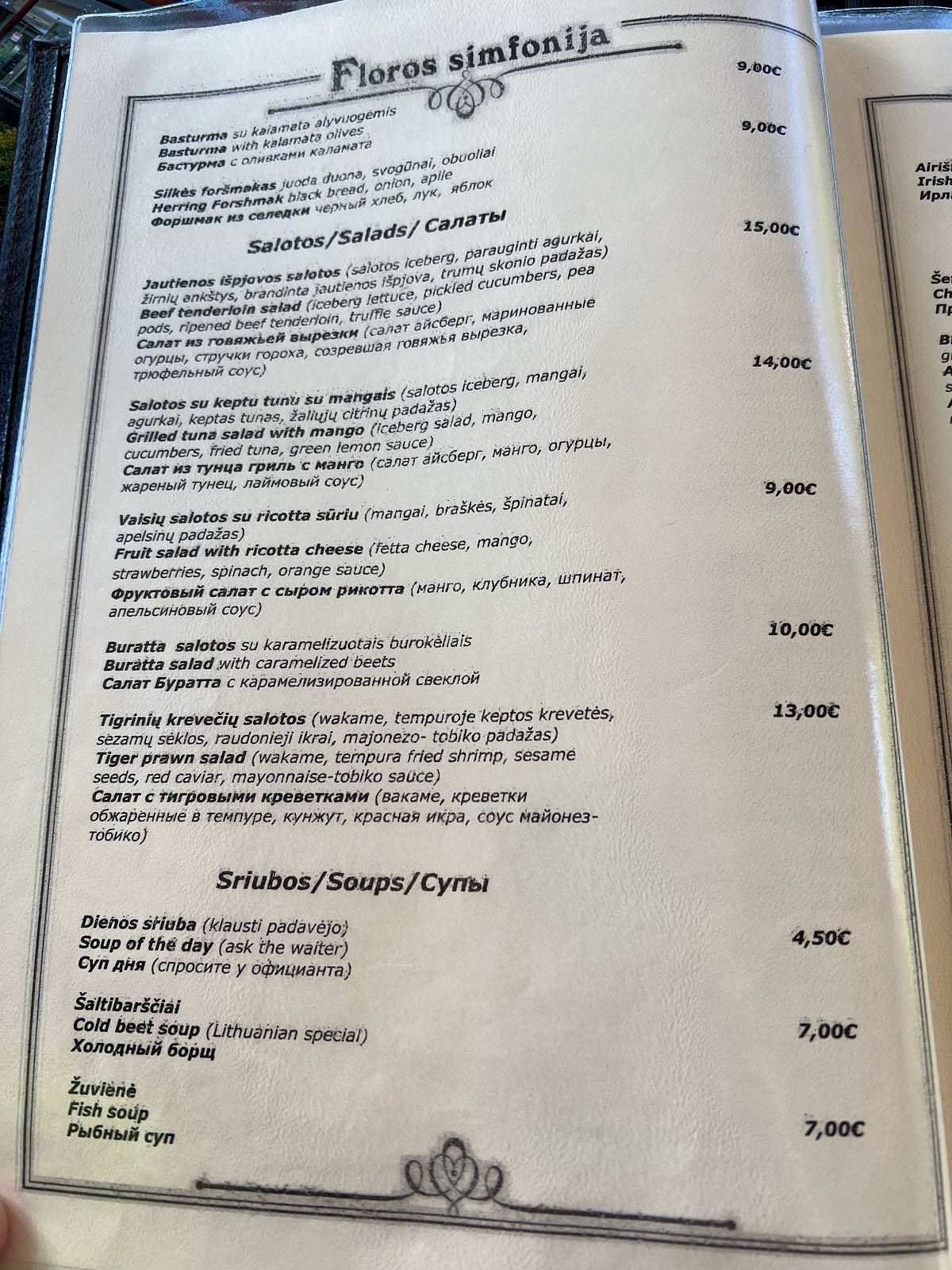 Menu at Floros Simfonija restaurant, Palanga, Birutės al. 22
