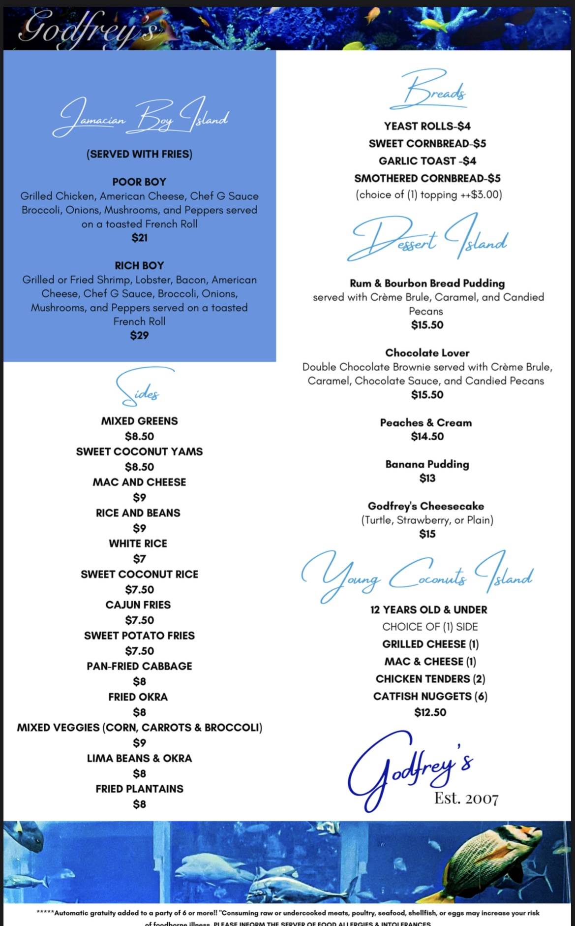 Menu at Godfrey's Flagship restaurant, Flowood