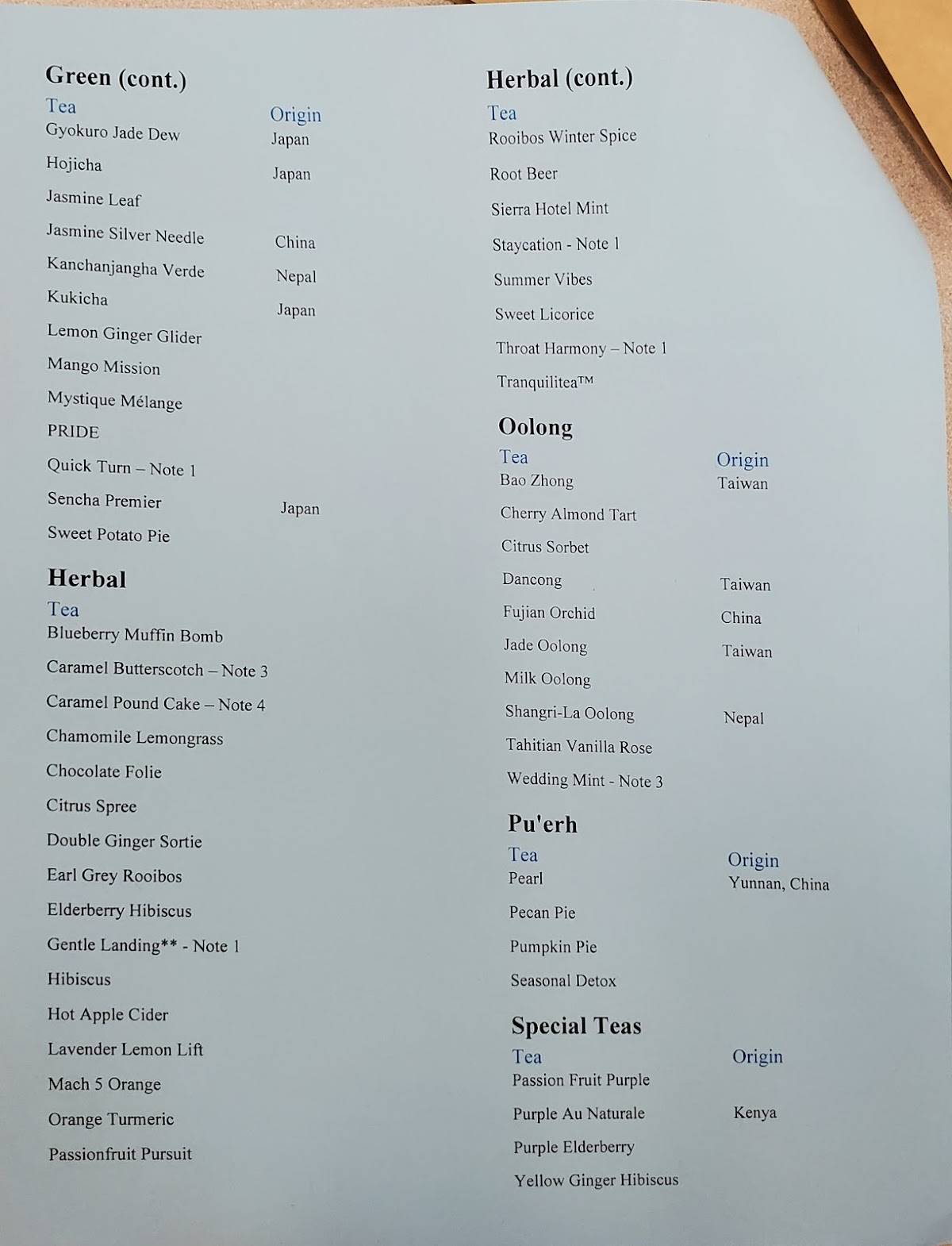 Menu at Flying High Tea cafe, Lafayette