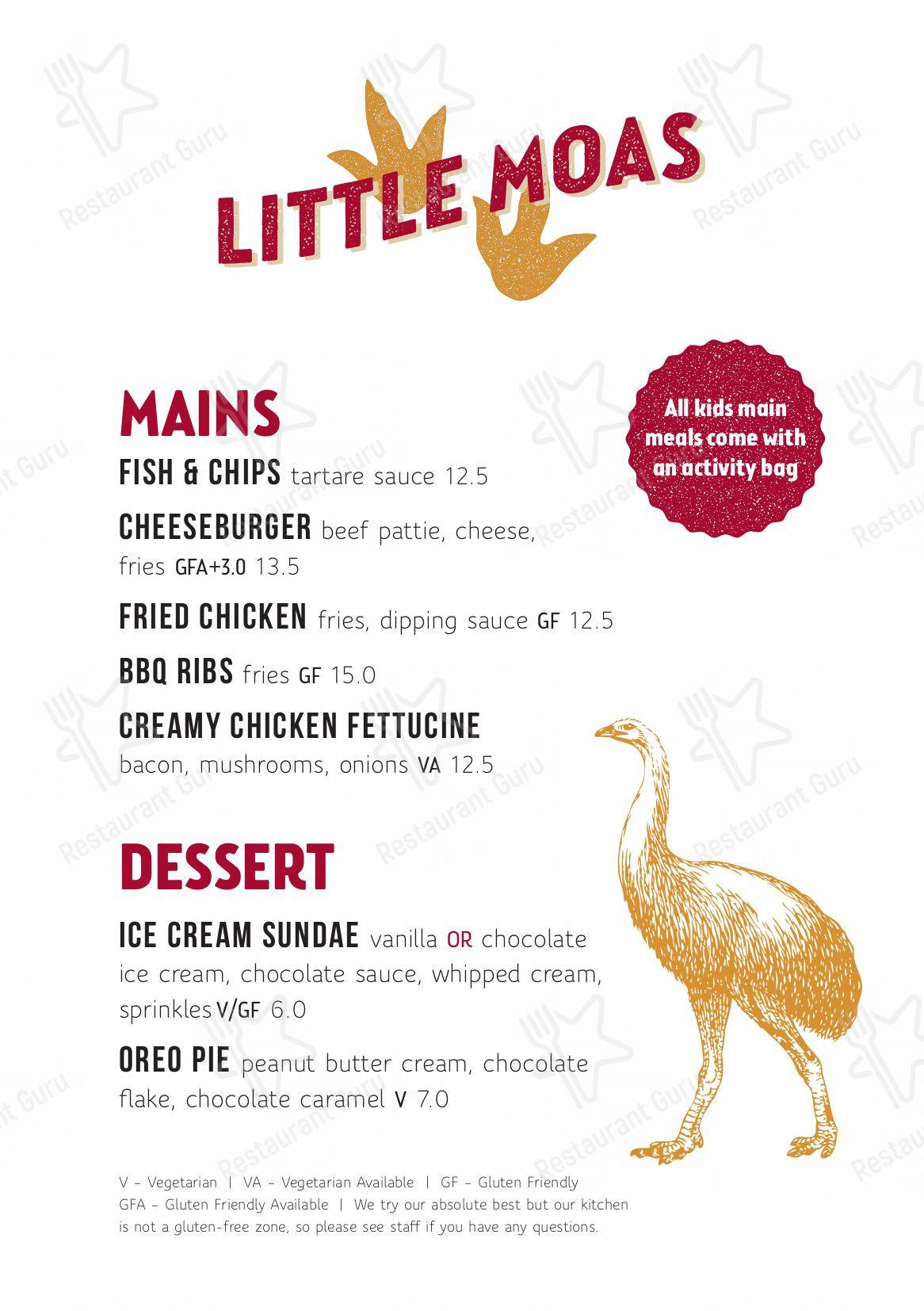 Menu at The Flying Moa pub & bar, Auckland