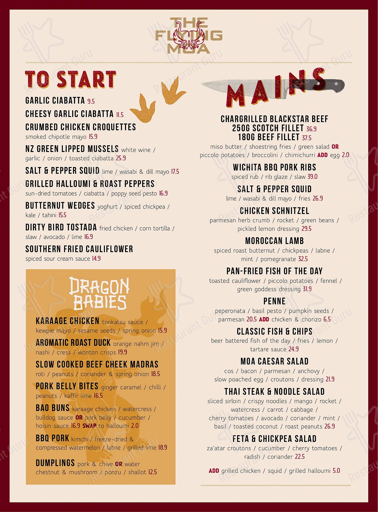 Menu at The Flying Moa pub & bar, Auckland