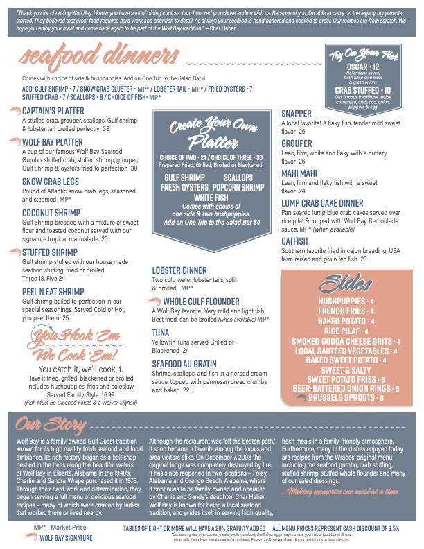 Menu at Wolf Bay Restaurant at Foley, Foley, Miflin Rd