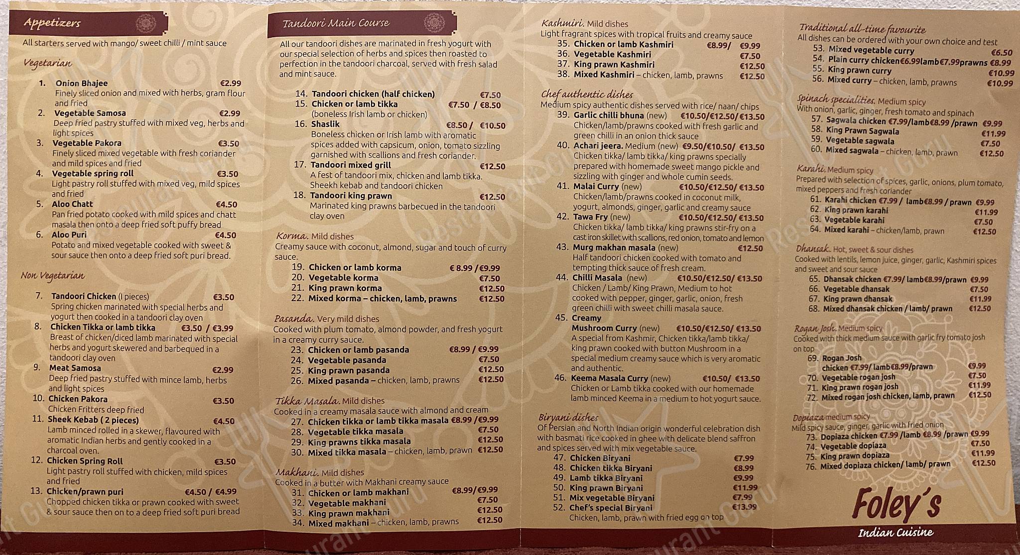Menu at Foley's Indian Cuisine restaurant, Templemore