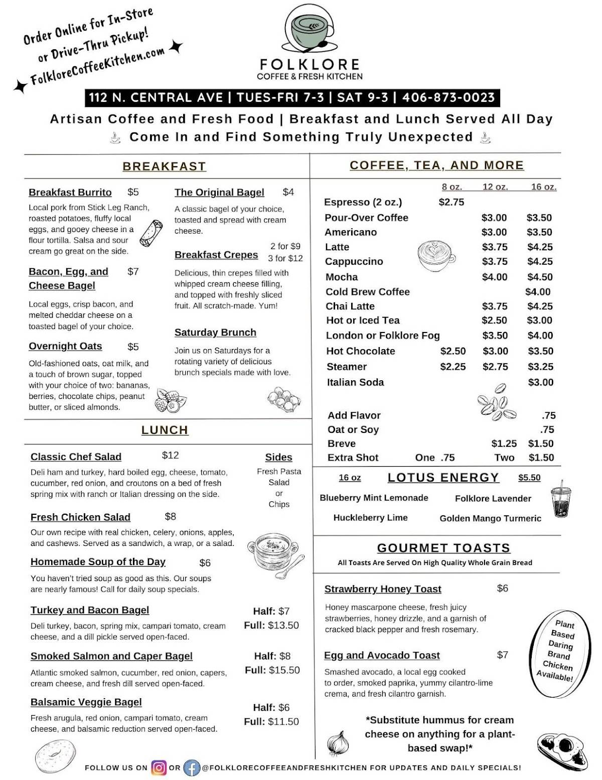 Carta del café Folklore Coffee & Fresh Kitchen, Cut Bank