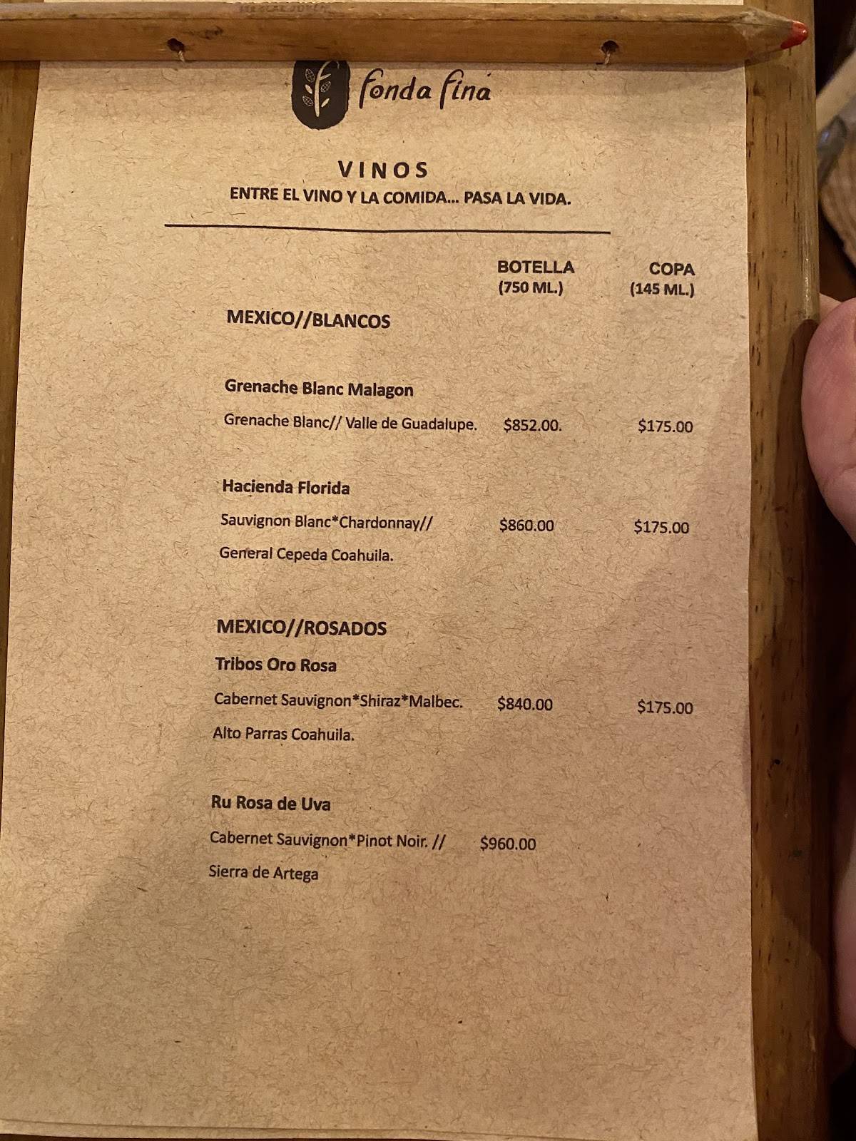 Menu at Fonda Fina restaurant, Ciudad López Mateos