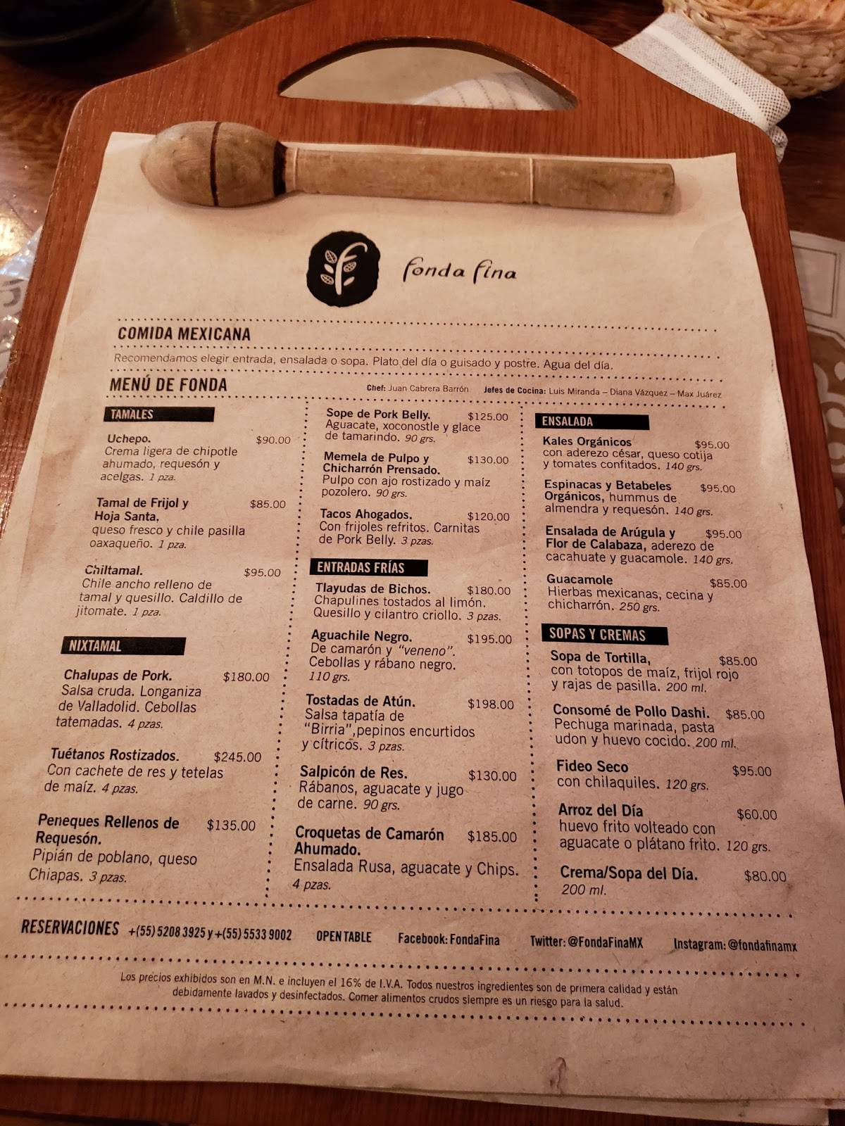 Carta del restaurante Fonda Fina, Ciudad López Mateos