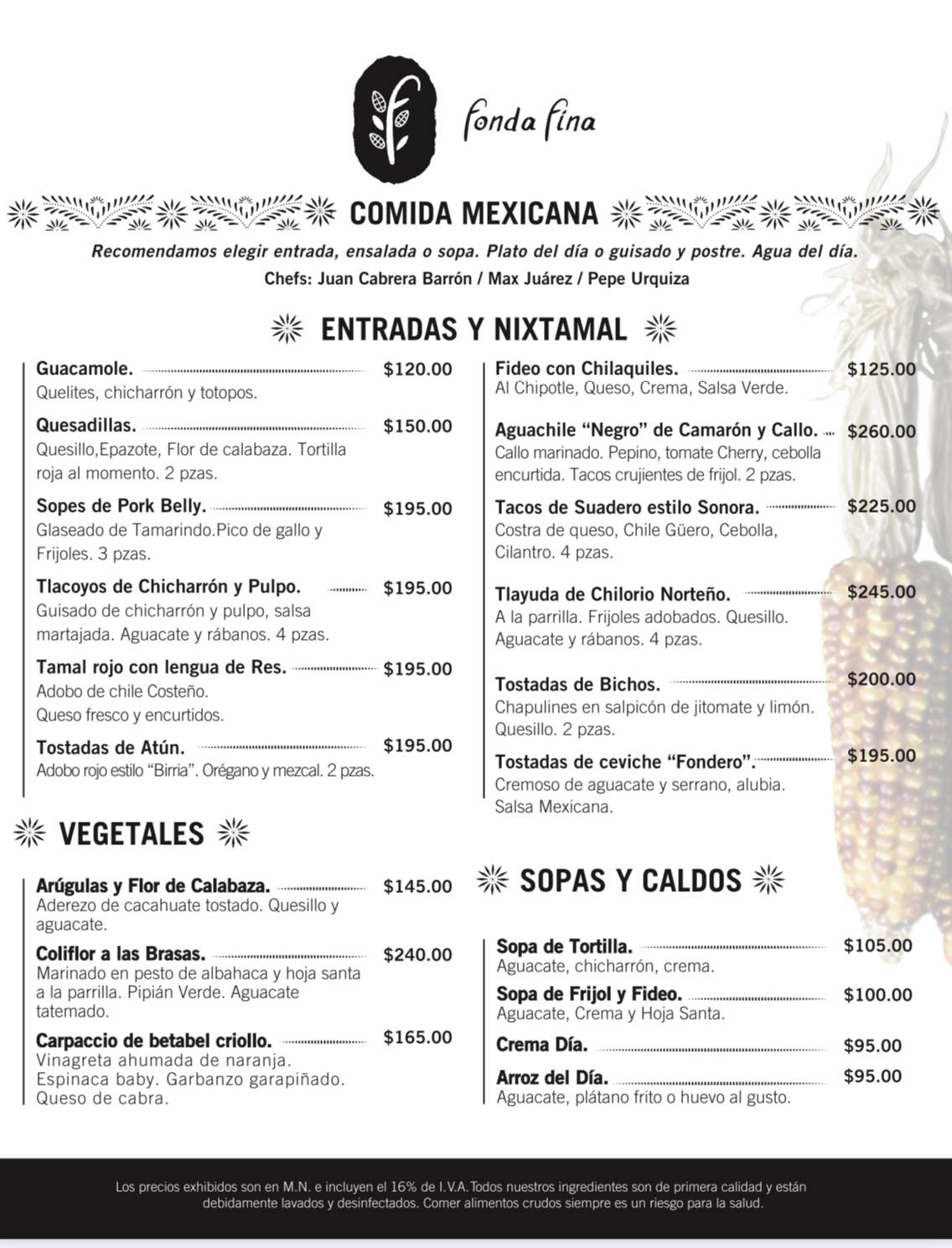 Carta del restaurante Fonda Fina, Ciudad López Mateos