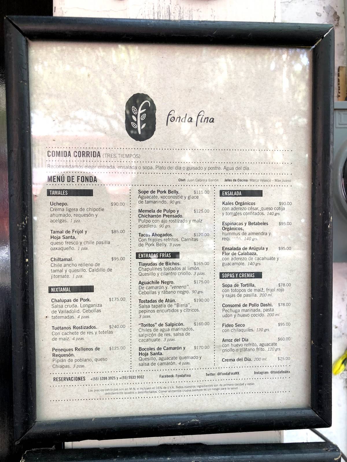 Carta del restaurante Fonda Fina, Ciudad López Mateos