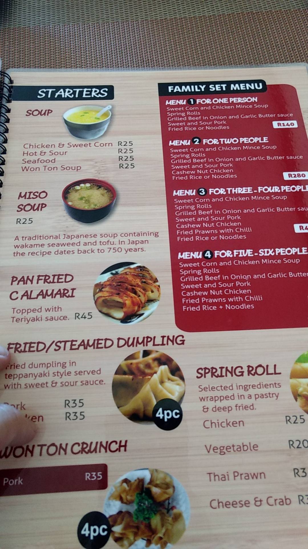 Menu at Foo Jiu Sushi restaurant, Port Elizabeth