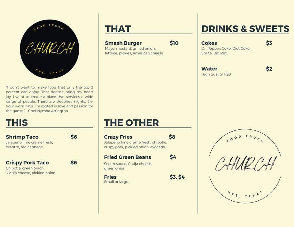 Menu at Food Church restaurant, Hye
