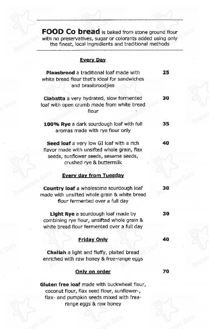 Menu at FOOD Co cafe, George