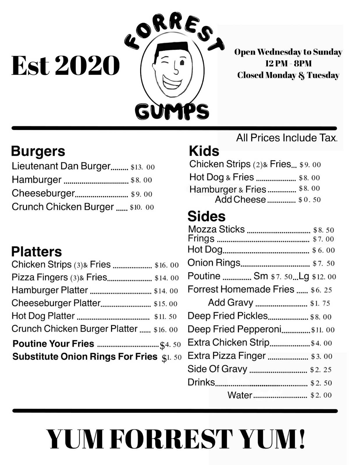 Carta del restaurante Forrest Gumps, Sydney Mines