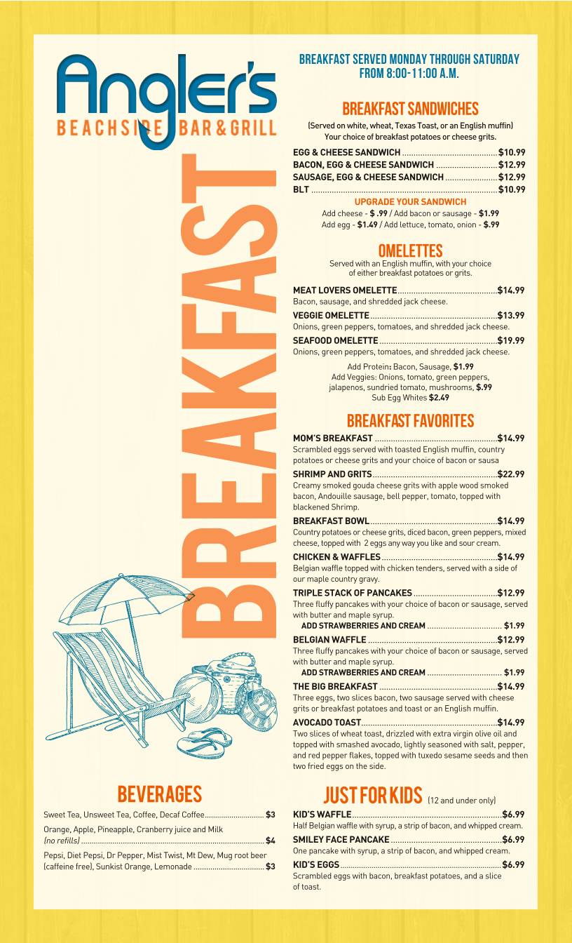 Menu at Angler's Beachside Grill restaurant, Fort Walton Beach